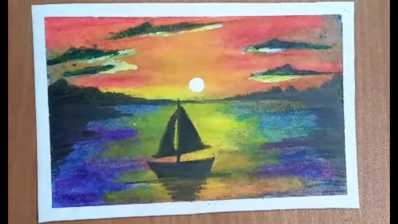 How to draw a scenery of a sunset boat with pastel colours step by step ...
