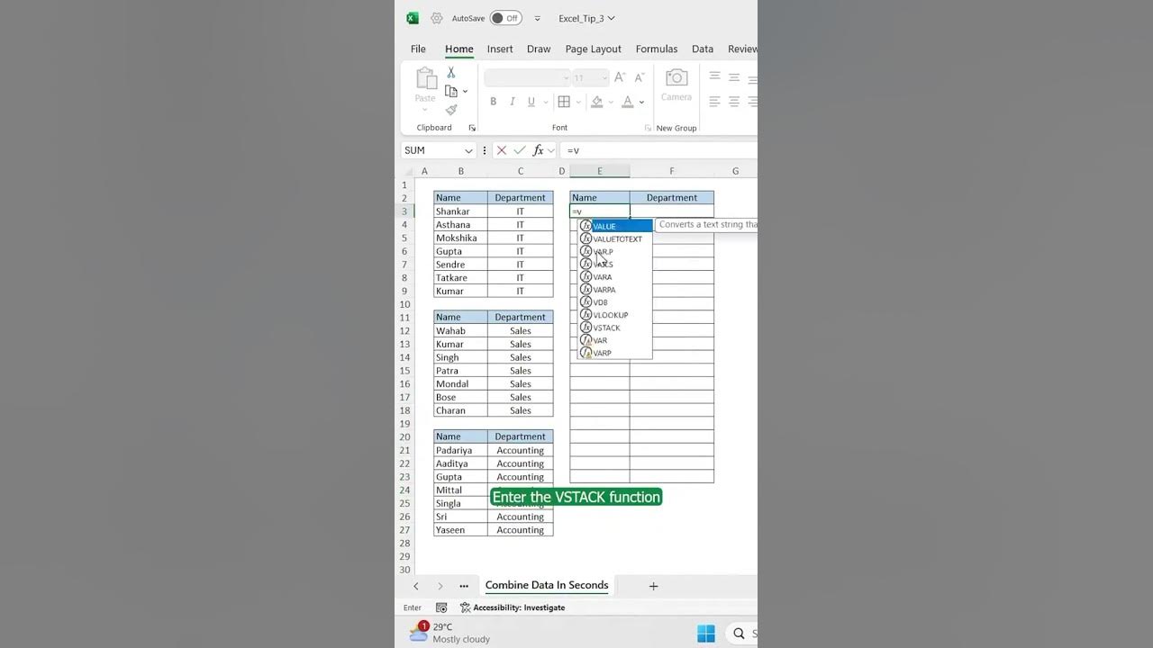 Excel data merging formula, Vstack - YouTube