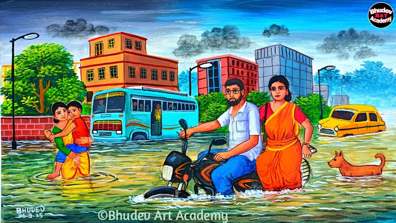 Rainy Season Scenery Painting|Kolkata Heavy Rain Fall Scenery Drawing ...