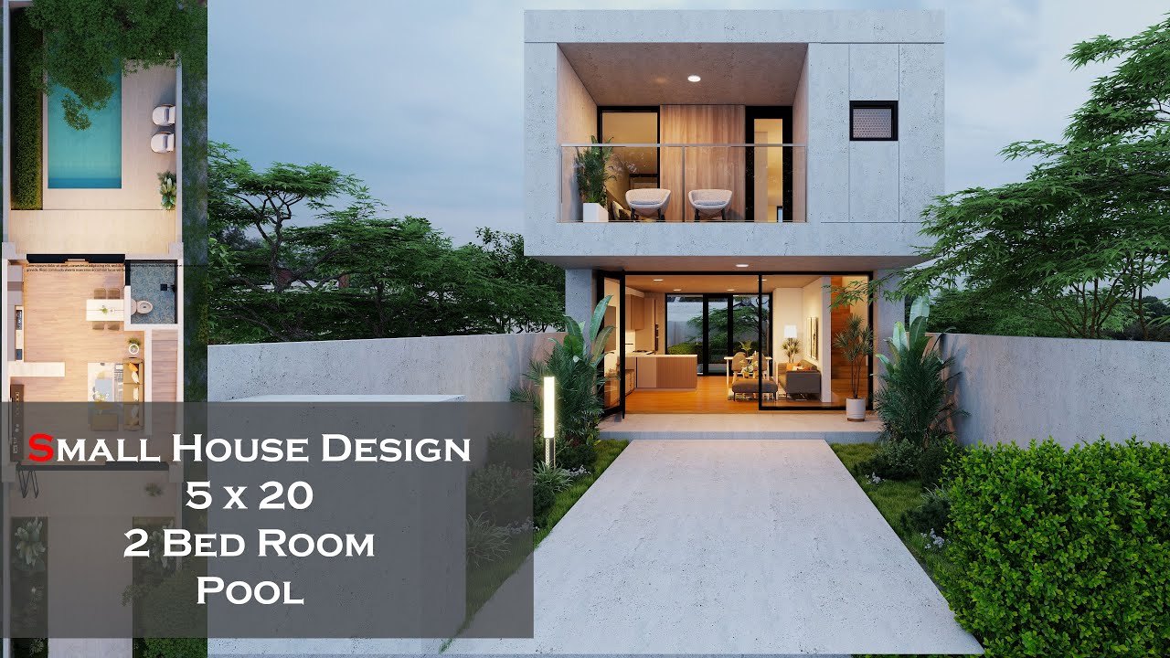 Modern small house design 5x20m with s pool - YouTube