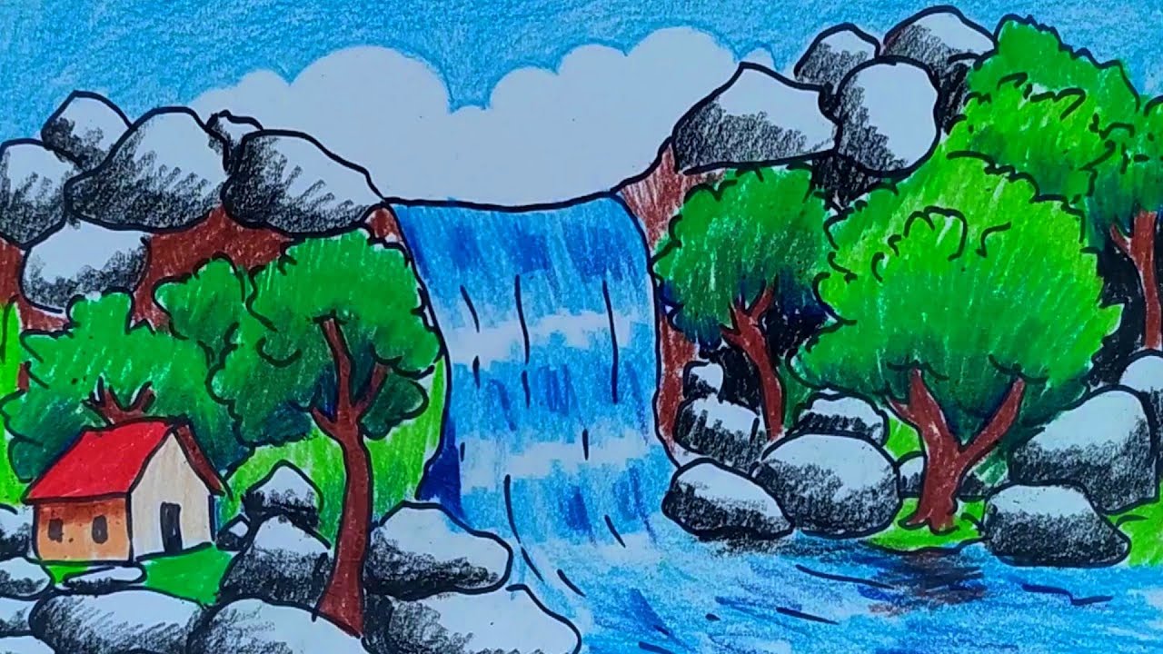 How To Draw A Natural Waterfall Step By Step | How to draw a natural ...