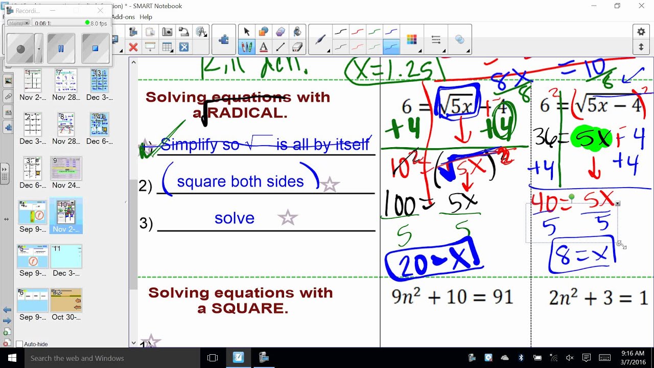 8th Grade Unit 5 solve equations using radicals and fraction bars video ...