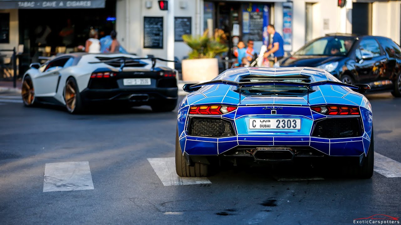 2x Modified Lamborghini Aventador in Cannes - Downshifts, Accelerations ...