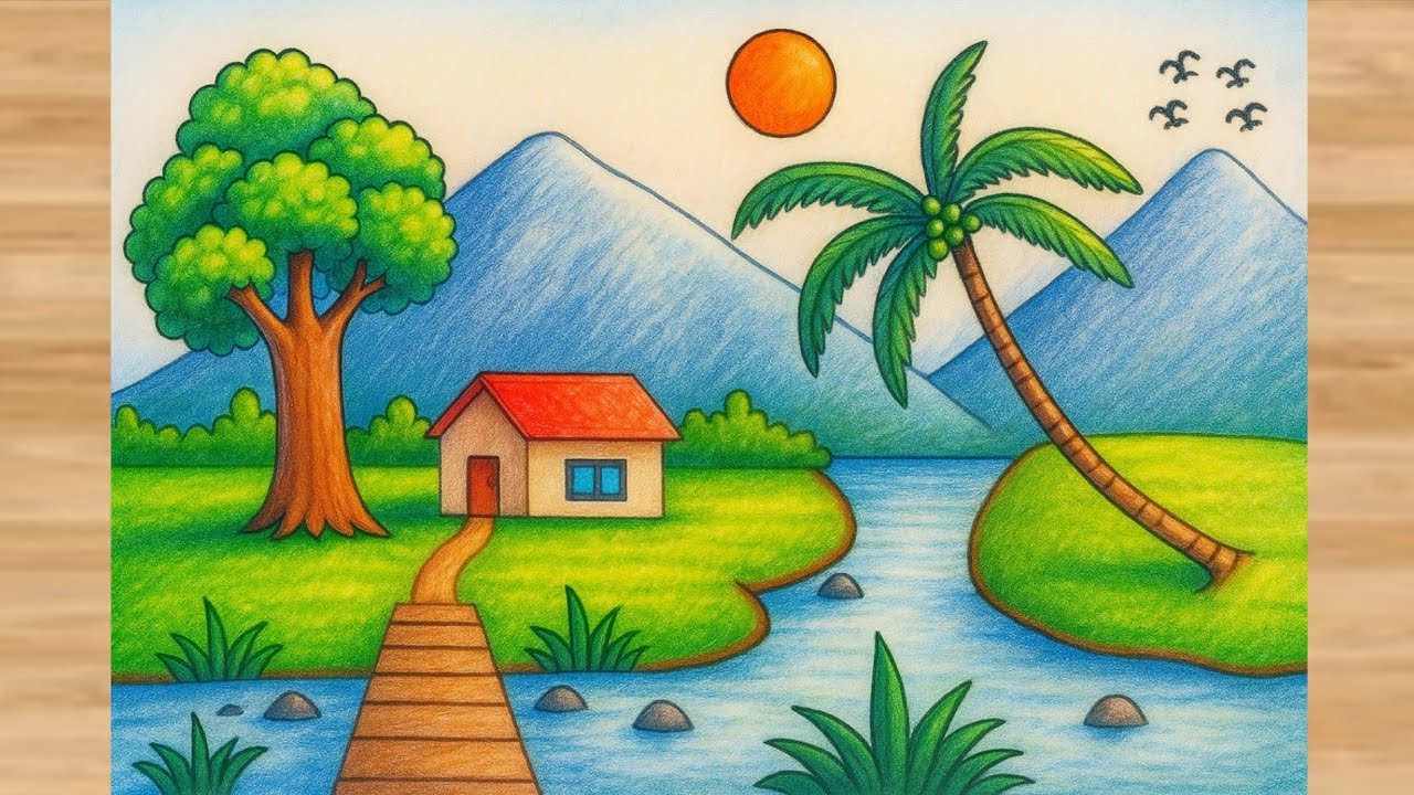 How to draw natural scenery step by step | Beautiful scenery drawing ...