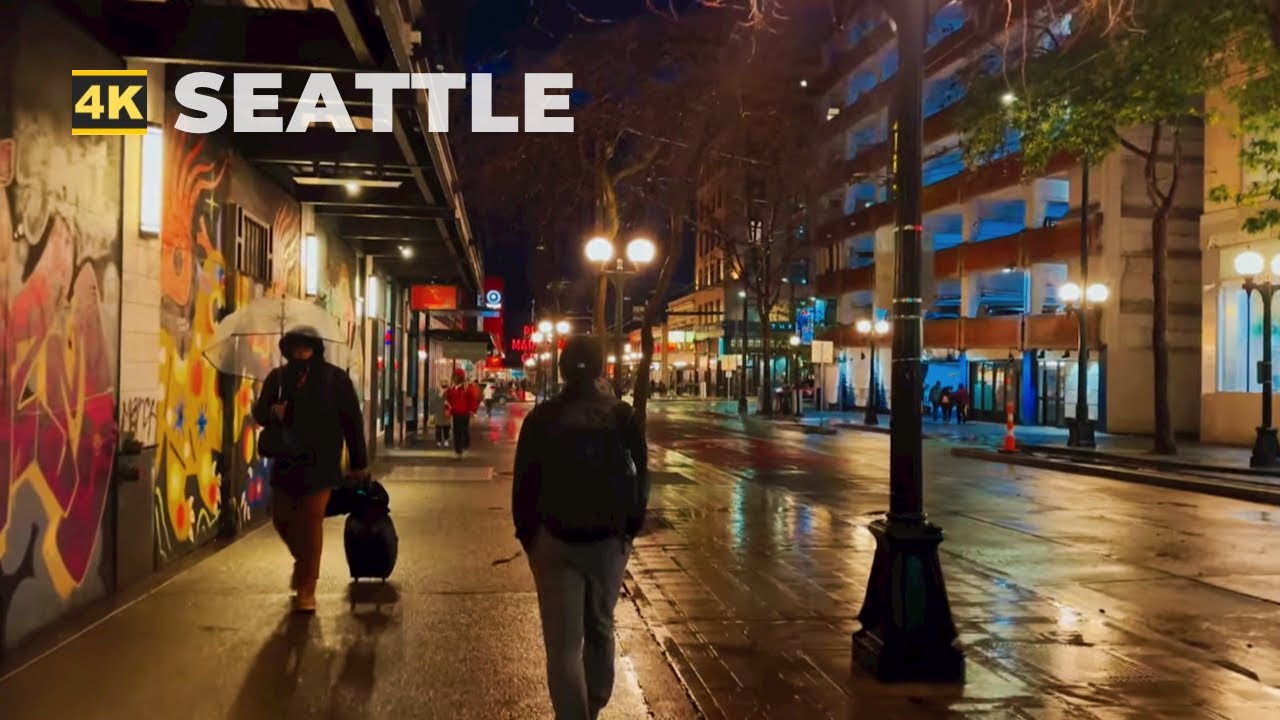 [4k] SEATTLE City Walk at Night - in the Rain : DOWNTOWN Virtual Tour ...