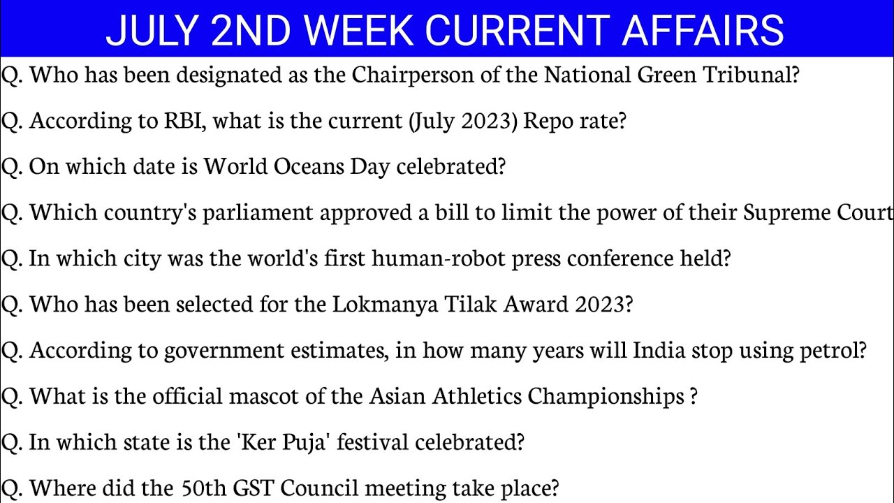July 2nd week current affairs 2023 in English l Important GK questions ...