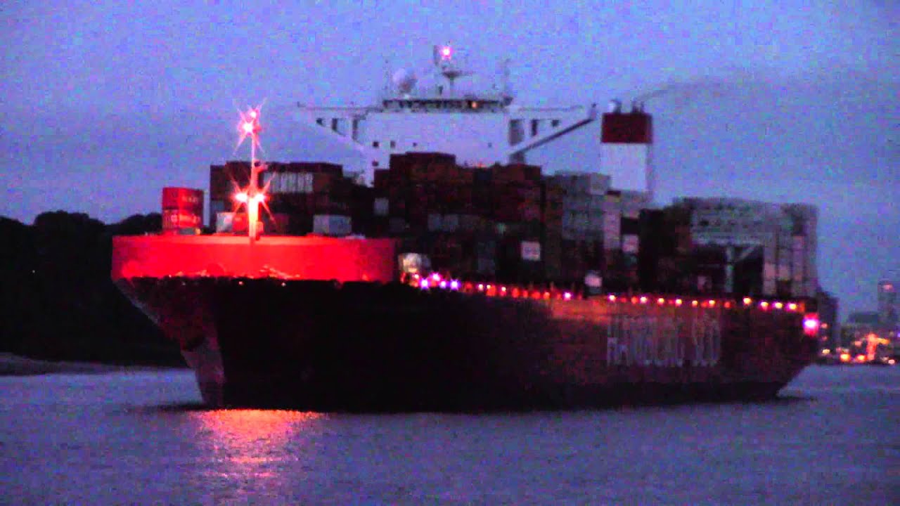Container Ship CAP SAN LORENZO departing Hamburg, Germany at Dusk (June ...