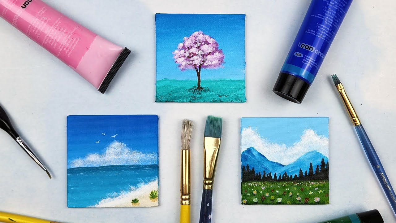 3 Acrylic Paintings on Mini Canvas | Art Ideas for Beginners - YouTube