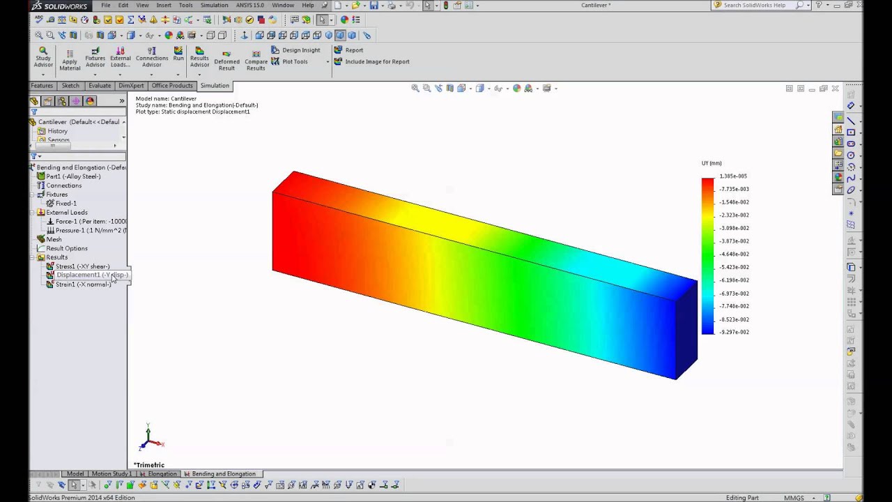 SolidWorks Simulation 2014 - Strains in a Cantilever Beam - YouTube
