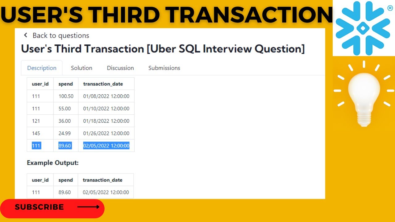 Users Third Transaction Uber Sql Interview Question Snowflakerankdenserankrownum Youtube 5422