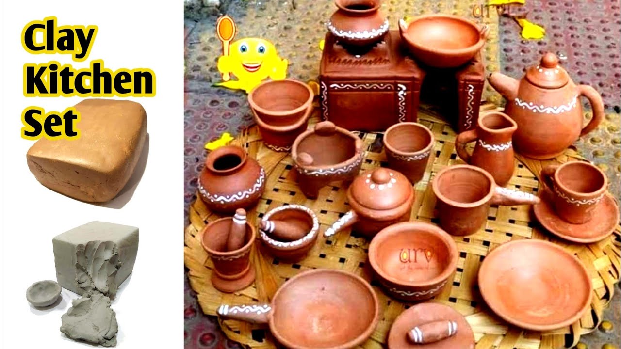 Primitive technique make handmade kitchen set with clay||miniature clay ...