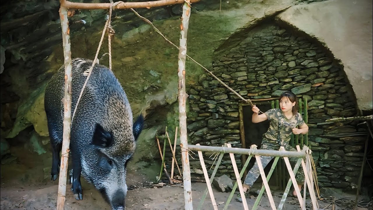 Shelter attacked by wild boar, wild boar trapping skills, wild survival ...