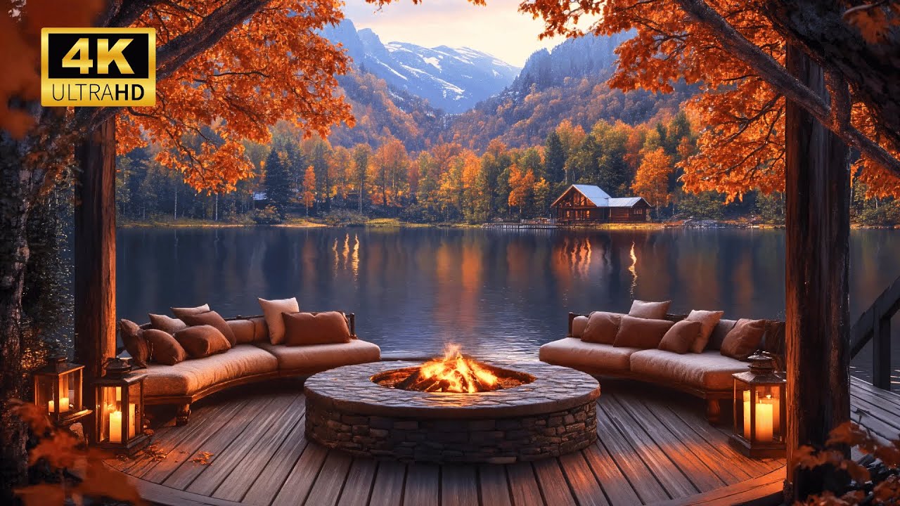4K Cozy Autumn Lakeside Ambiance: Fire Pit and Nature Sounds for Sleep ...