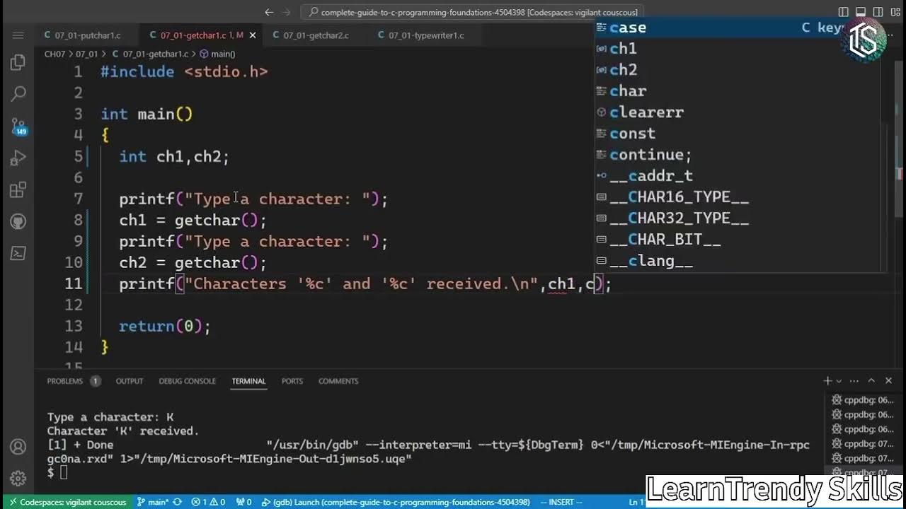 Using Single Character I/O in C | getchar(), putchar(), and More - YouTube