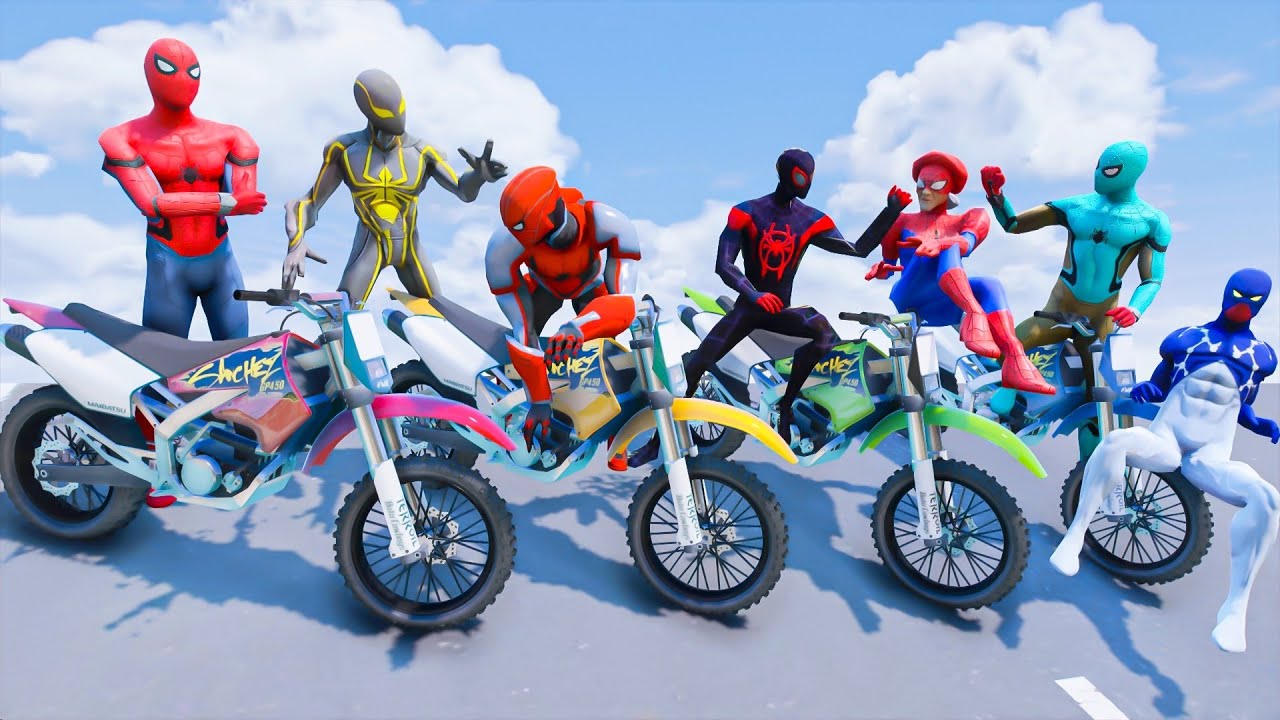 TEAM SPIDER-MAN MOTORBIKE RAMP CHALLENGE - DANGEROUS SPINNING BOMB ...