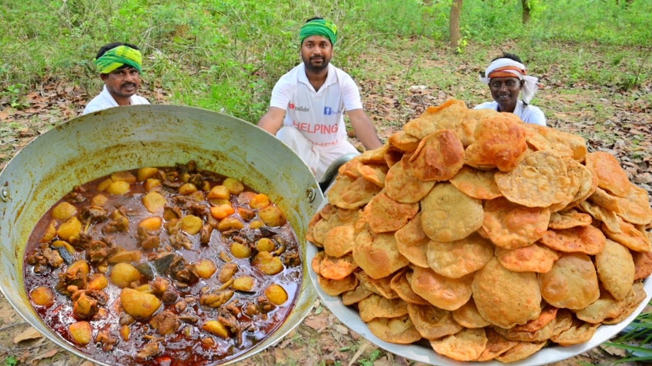 Luchi & Chicken kosha recipe || Chicken kosha cooking for village poor ...