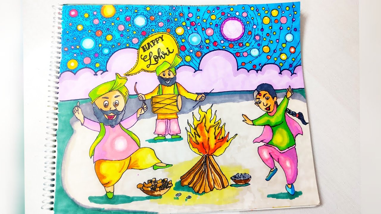 Lohri Drawing Easy Steps/Baisakhi Drawing/ Happy Lohri DrawingLohri ...