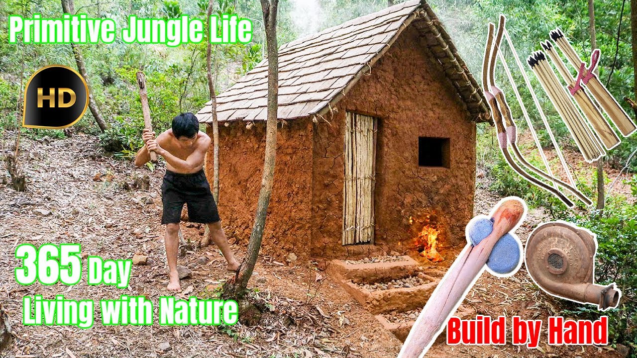 Primitive Jungle Survival: Building Shelter, Stone Axe, Bow and Arrow ...