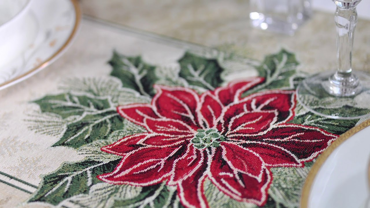 Gold Christmas table runner with poinsettia flower, festive Christmas ...