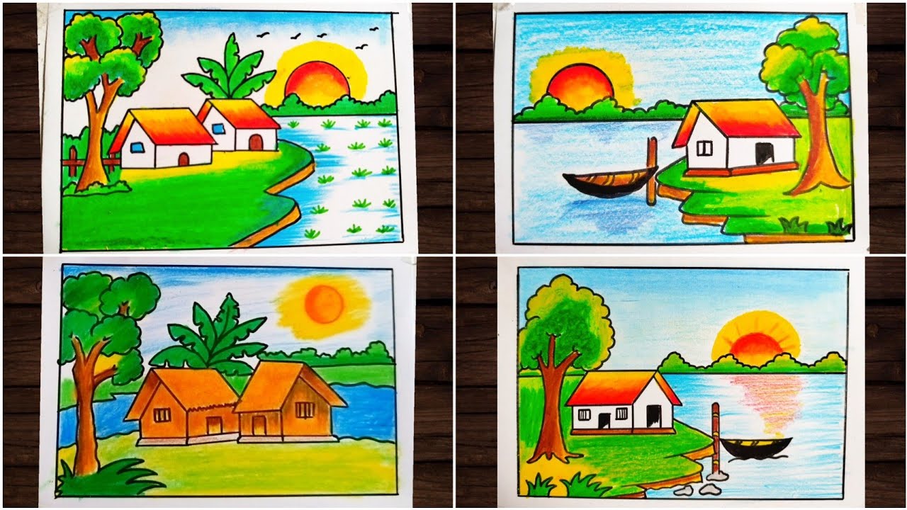 Nature scenery drawing for kids | Easy scenery drawing for competition ...