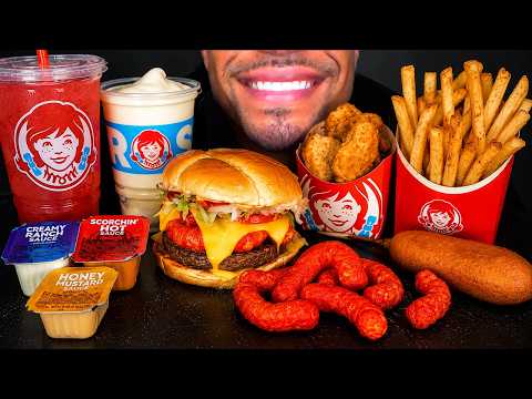 ASMR WENDY'S MUKBANG HOT CHEETOS NUGGETS CHEESEBURGER CORN DOG FROSTY FRIES JERRY EATING SHOW
