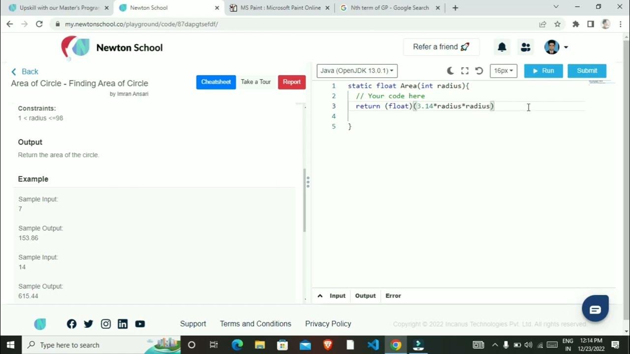 Finding Area of Circle in java Newton School #newtonschool #printcodeb ...