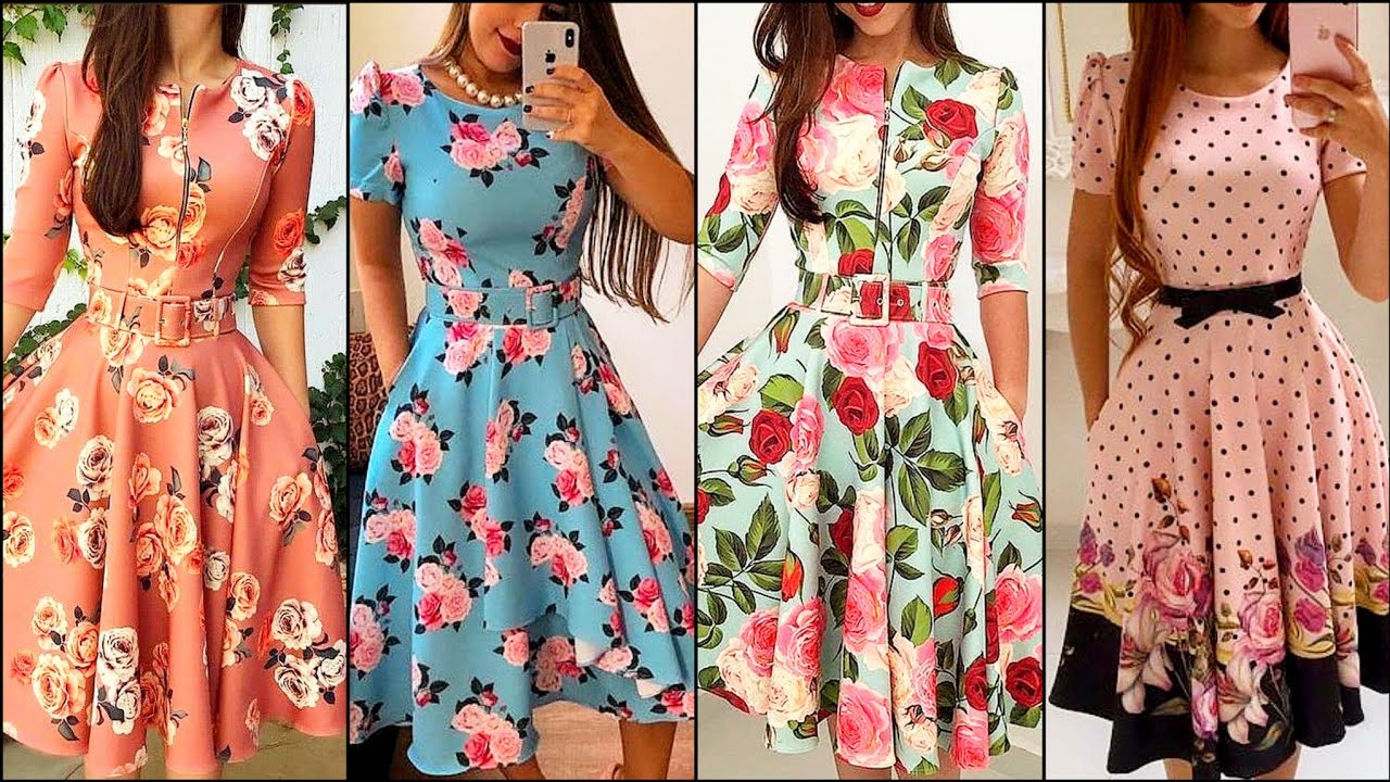 Latest Printed Belt Scatter dresses/Floral Midi dresses/Short Frock ...