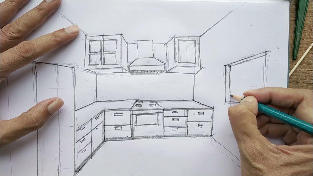 How to draw Kitchen in one point perspective easy Step by step drawing ...