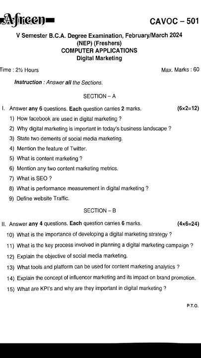 5th semester BCA Digital Marketing NEP Question Paper 2024 #exam# ...