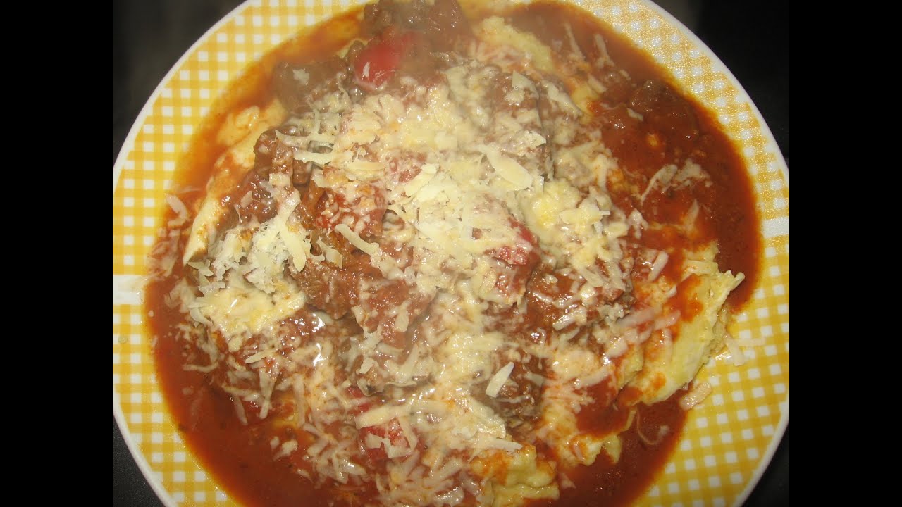 Polenta a la crema con salsa de tomate y carne - YouTube