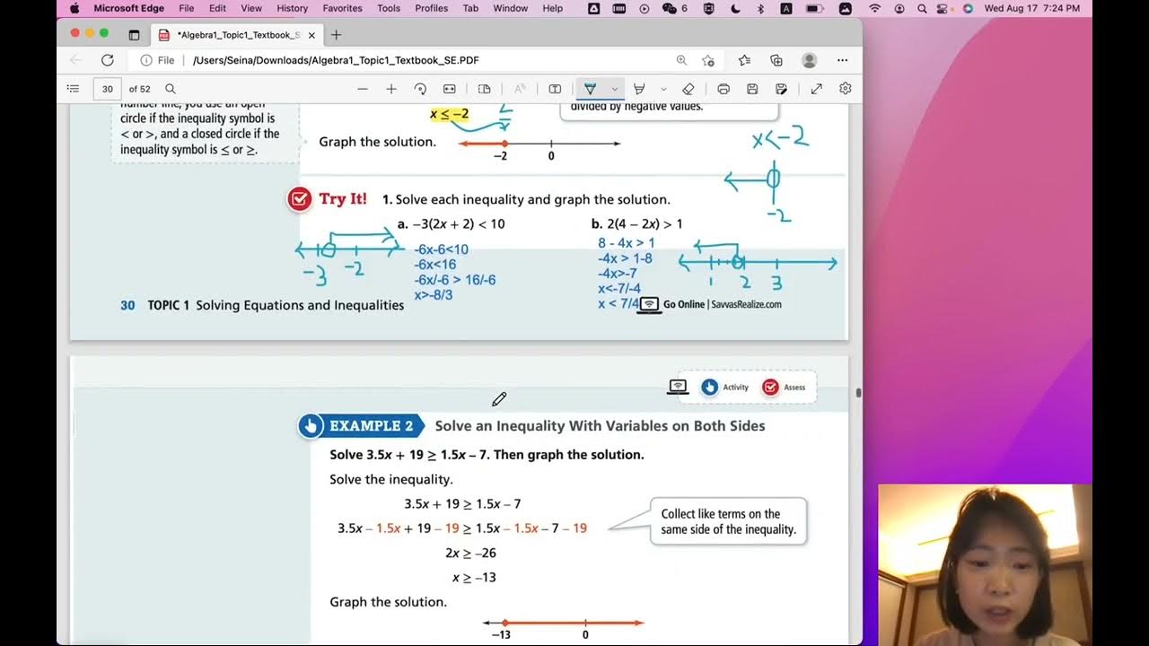 EnVision Algebra 1 Lesson 1-5: Solving Inequalities in One Variable ...
