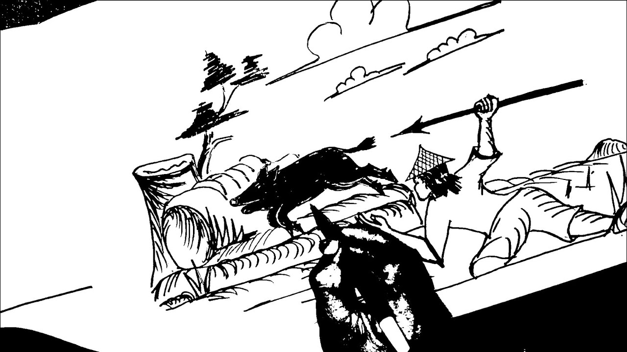 Drawing of man hunting wild boar - YouTube