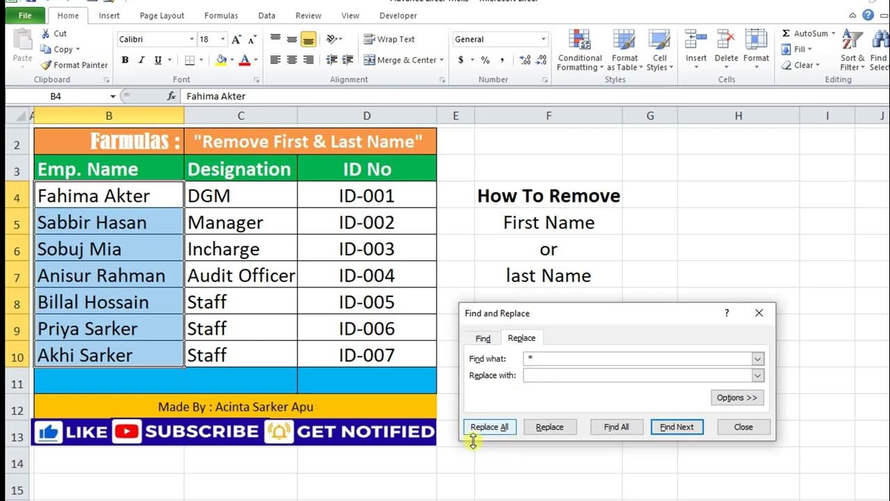 how to remove first name and last name in excel। first or last name remove in excel - YouTube