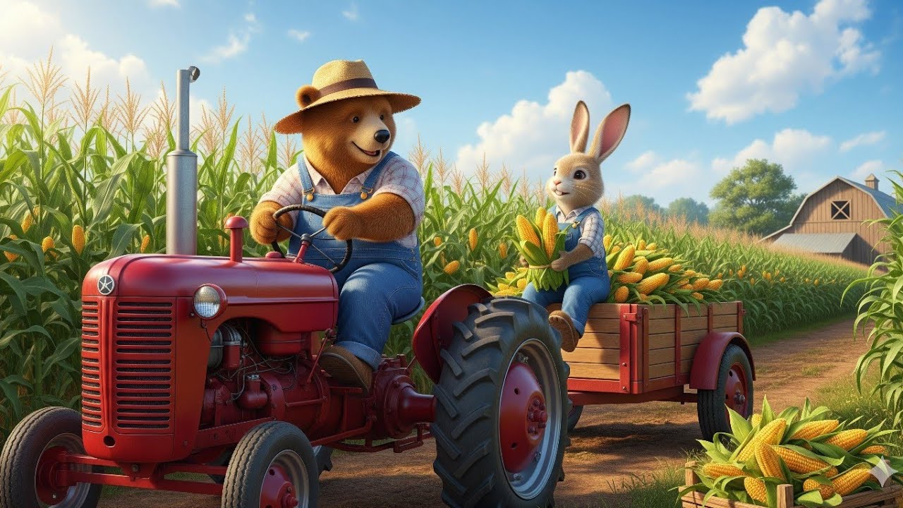 Bear And Bunny Drive Tractor To Harvest Corn, Baby Rabbit Harvests Corn ...