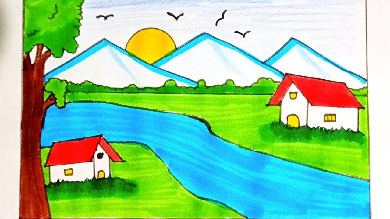 How To Draw Riverside Landscape😍🤩| nature drawing🤩| Very Easy Drawing ...