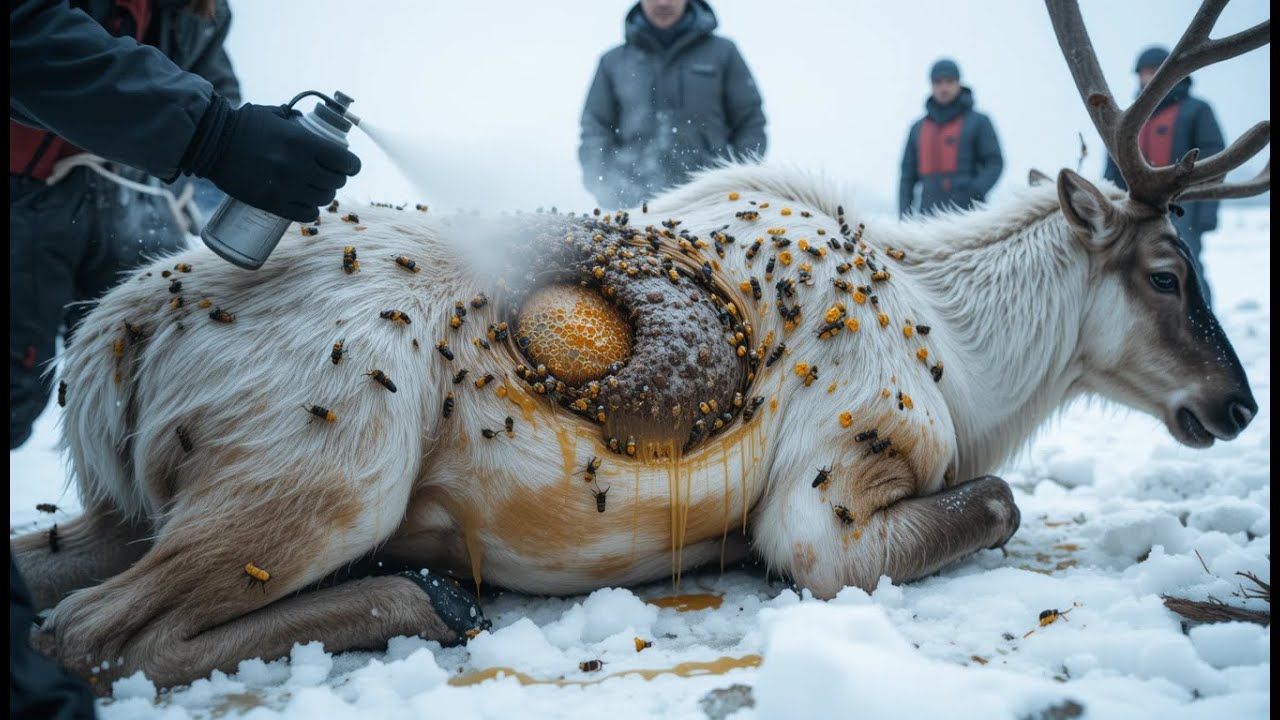 White Reindeer in Iceland Covered in Barnacles and Parasites, Swarmed ...