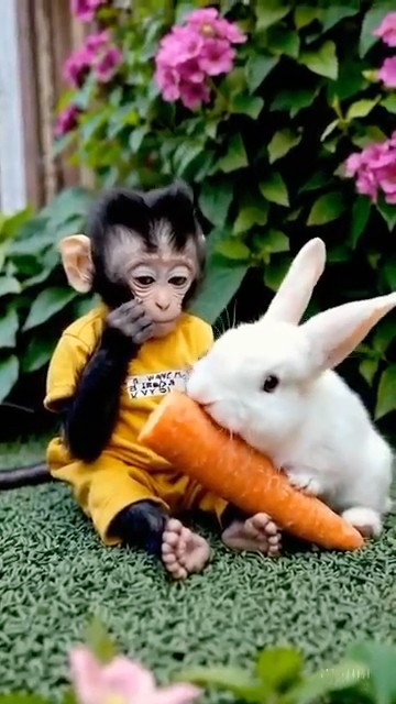 Adorable Monkey and Rabbit Share a Carrot Together - YouTube