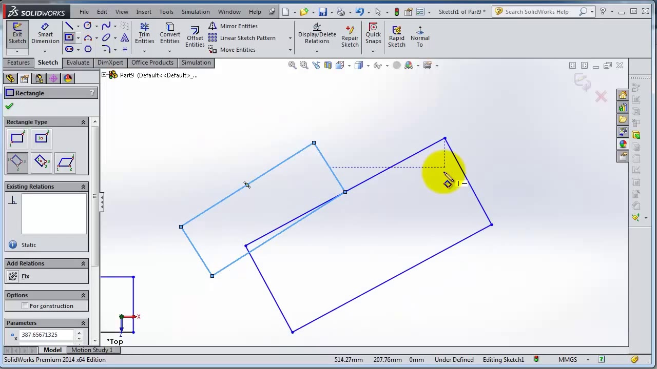 SolidWorks 2014 Tutorial 6 Rectangles using and types, center line - YouTube