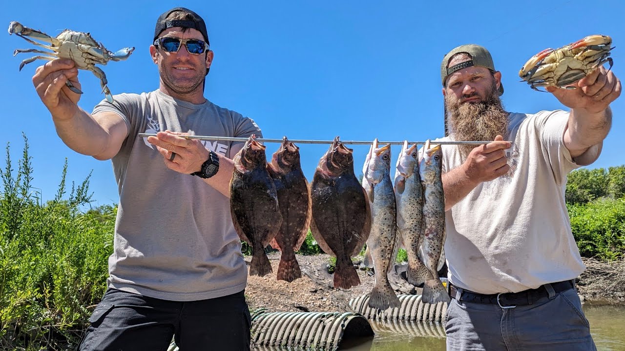 LOUISIANA ROAD DITCH Fishing Seafood!! BLUE CRAB, Flounder, Speckled ...