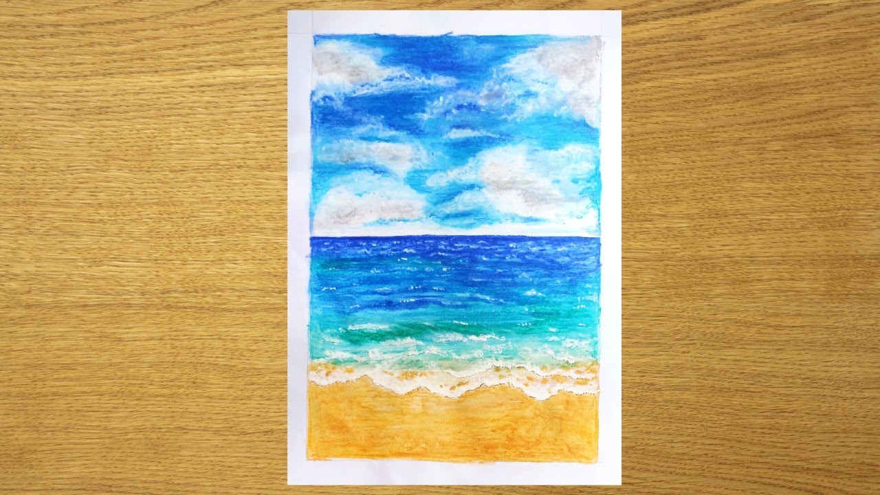 how to draw sea beach beautiful nature view step by step with pastels ...