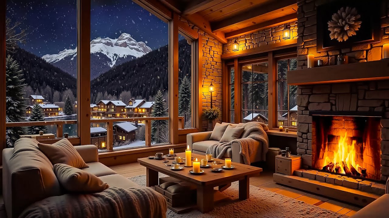 Warm and Cozy Winter Room: Enjoy Snowfall Outside and a Crackling ...