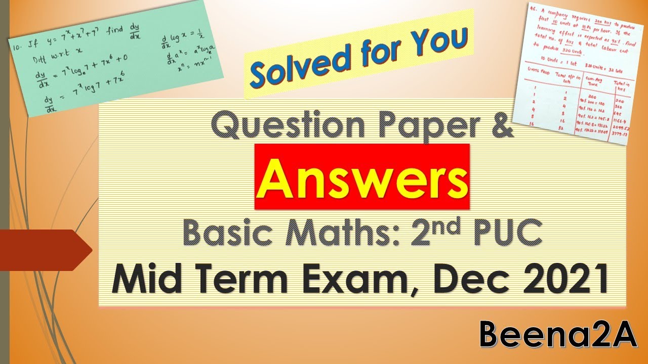 2nd PUC Basic Maths: Mid Term Exam Question Paper Solved with Answers ...