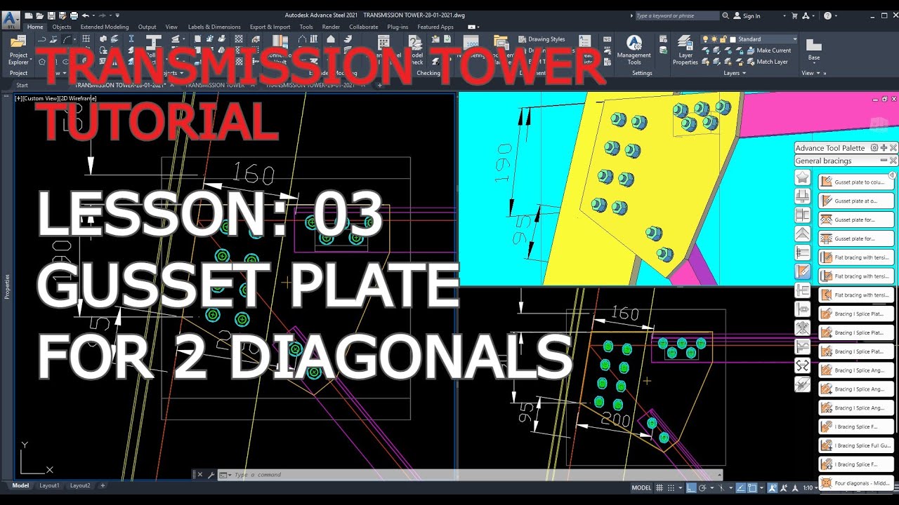 TRANSMISSION TOWER/03/GUSSET PLATE FOR TWO DIAGONALS - YouTube