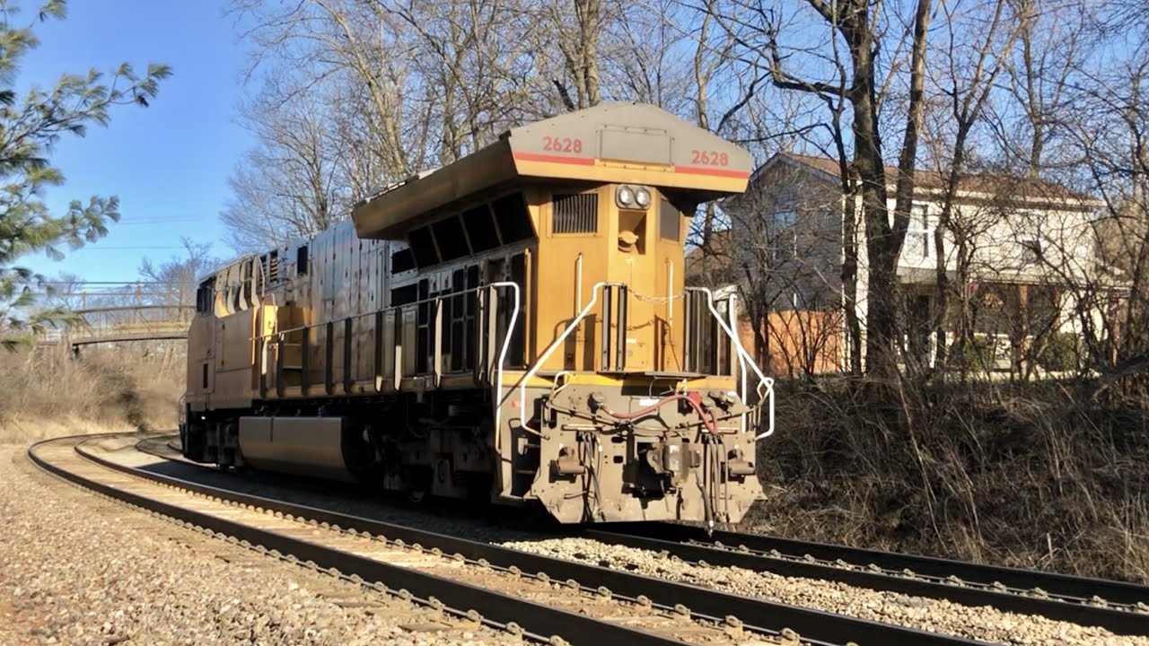 Train On Hill With 2 DPU Engines Growling Loud & Manned Helper Shoving Up The Hill! 4 Trains In ...
