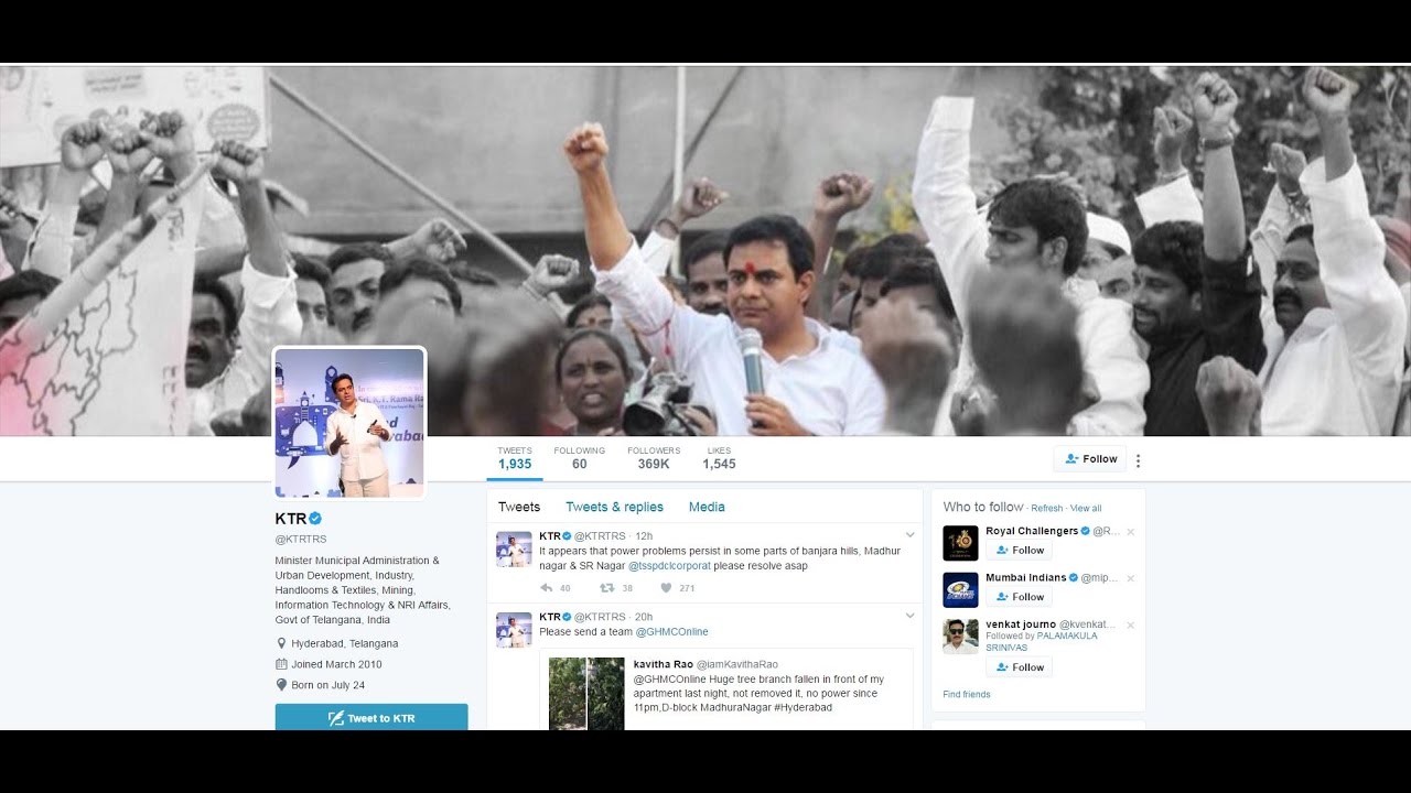 Minister KTR's Twitter Account Flooded with Complaints | as He is ...