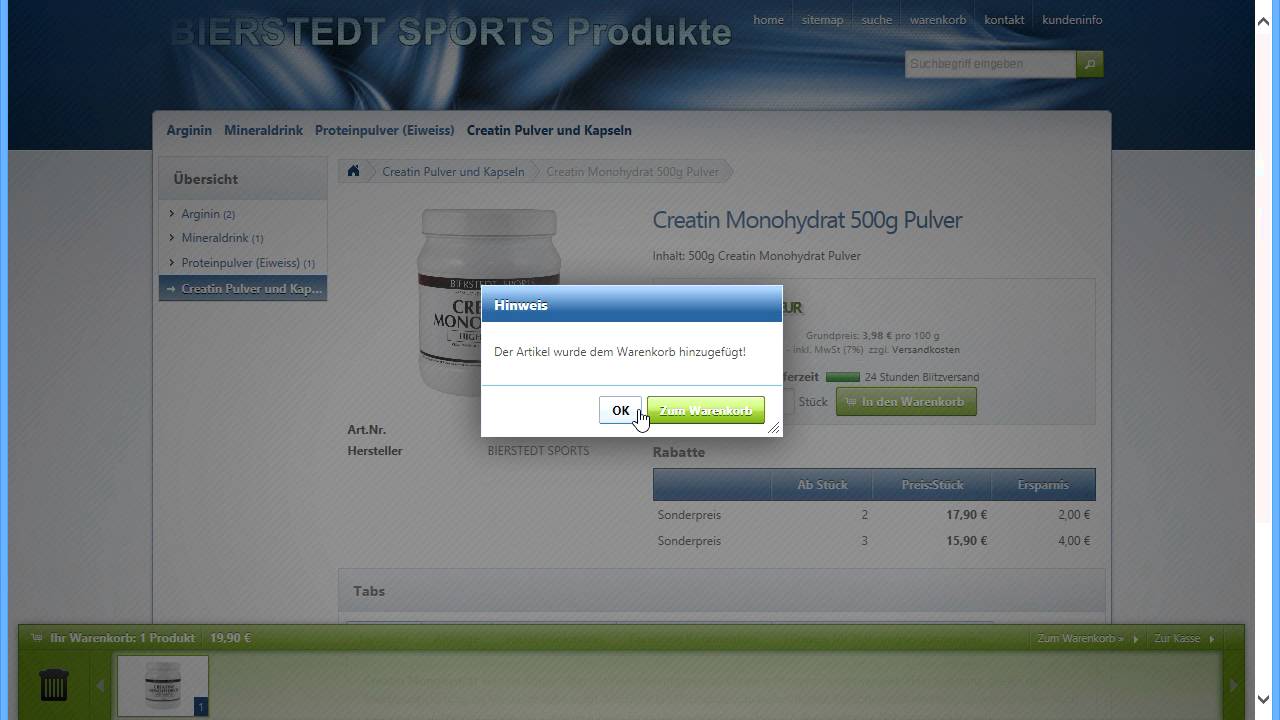 Creatin Monohydrat 500g Pulver High Filtrated, www.amalui.com Bierstedt ...