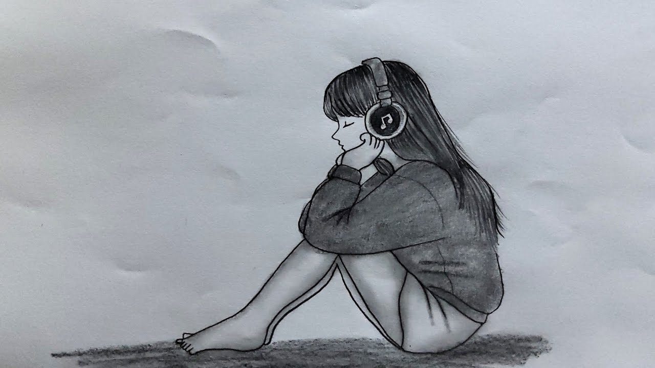 How to Draw a Sitting Girl Listening to Music || Drawing easy for ...
