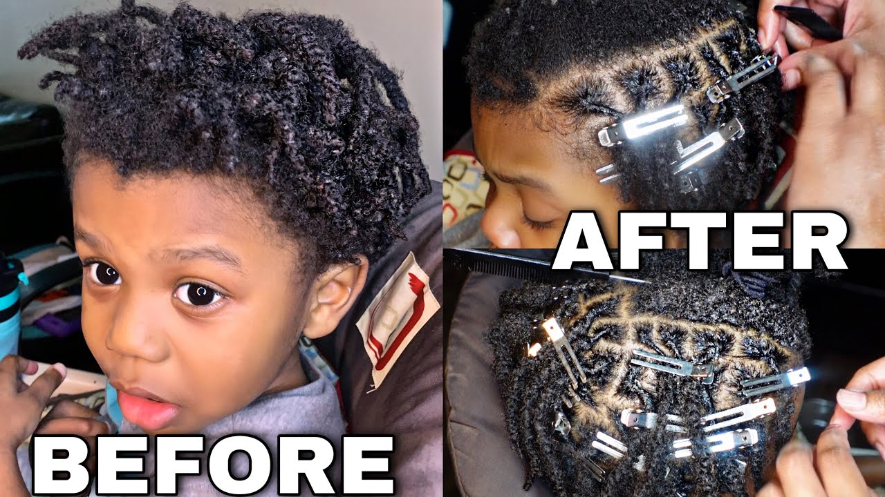 retwisting my sons' locs | palm rolling method | kid starter dread locs ...