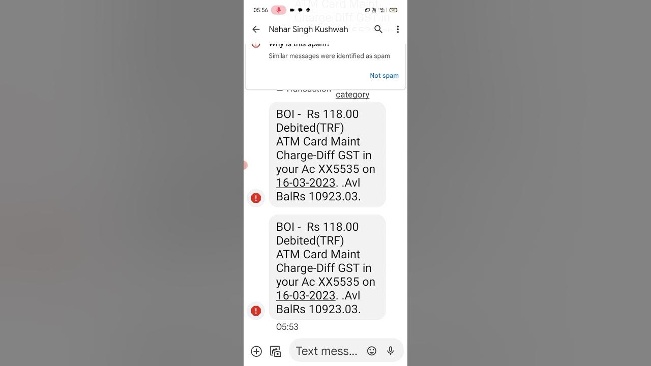 BOI - Rs 118.00 Debited(TRF) ATM Card Maint Charge-Diff GST in your Ac XX5535 on 16-03-2023 ...