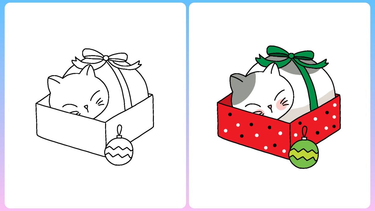 How to draw a cute Christmas cat napping | Easy step-by-step drawing ...